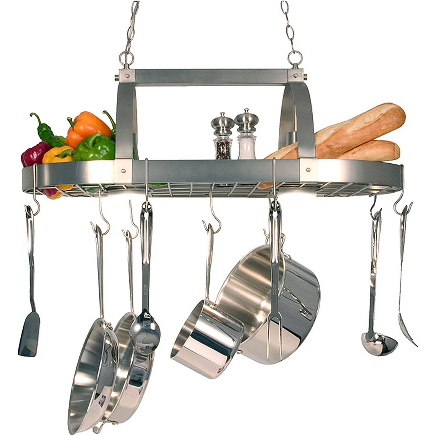Rustic 2-Light 10 Hook Ceiling Mounted Hanging Pot Rack in Brushed ...