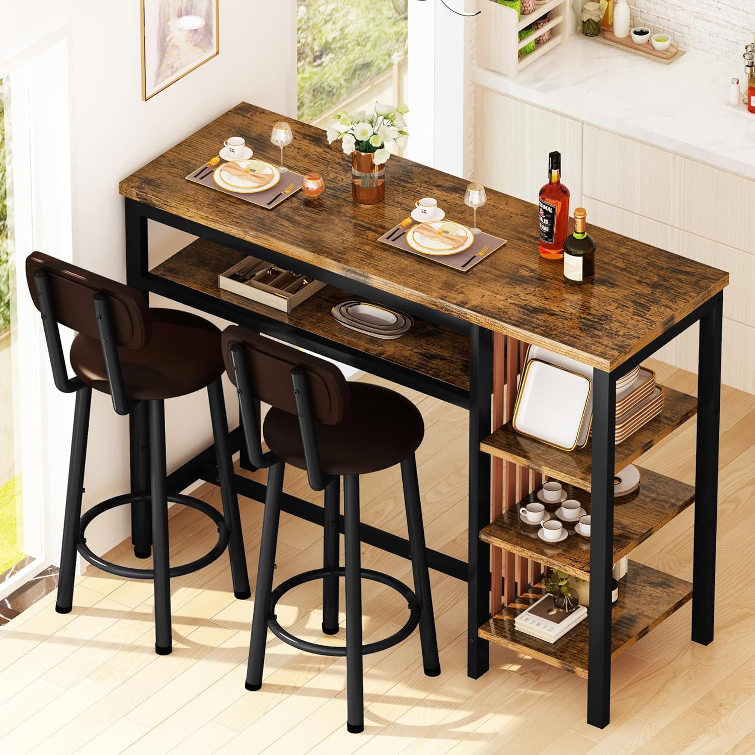 Rustic 2-Person Bar Table Set, Counter Height Dining Table with Storage ...
