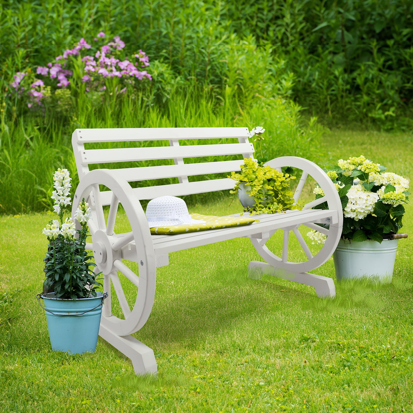 Rustic 2-Person Wooden Wagon Wheel Bench with Slatted Seat and Backrest ...