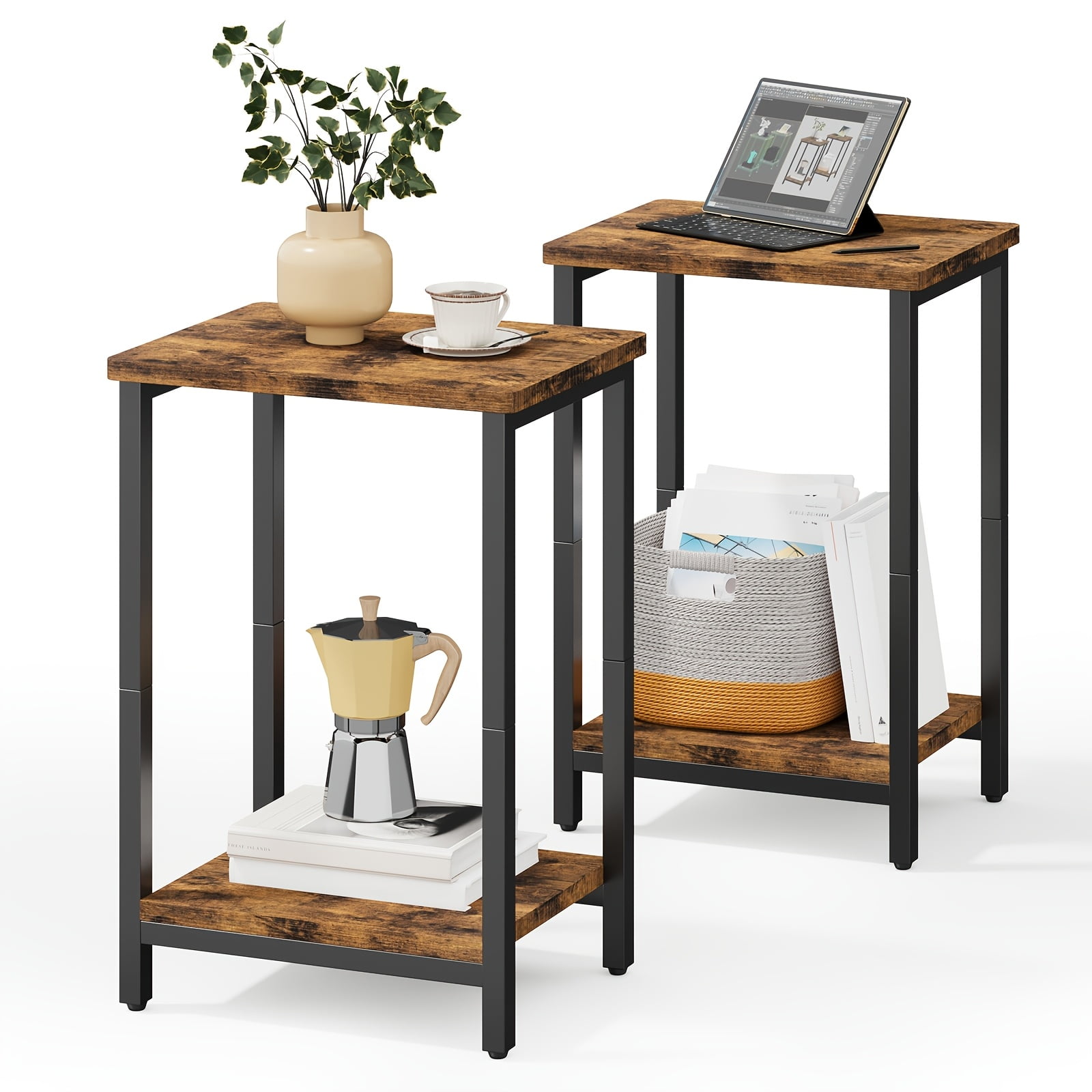 [Rustic 2-Tier Tables] 2pcs Side Tables, 2-Tier Small End Table with 2 ...