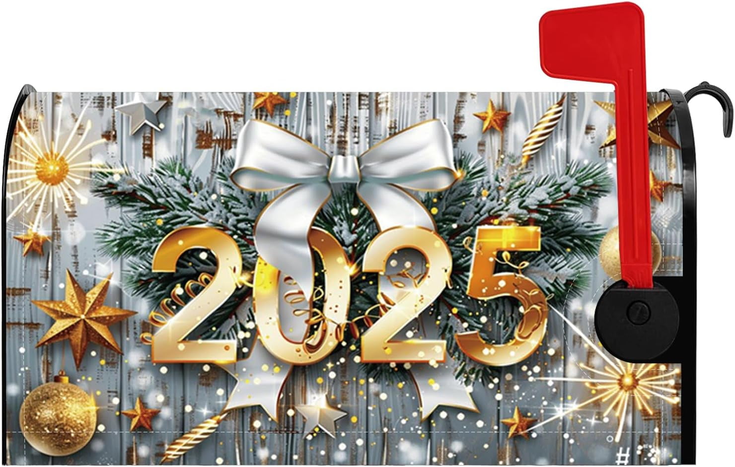 Rustic 2025 New Year Mailbox Cover White Bowknot Golden Bauble Merry ...