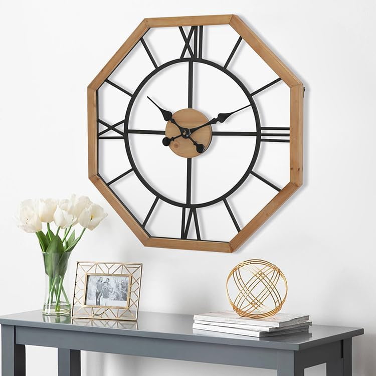 Rustic 24" Octagon Wall Clock, Farmhouse Battery Operated Silent Non ...