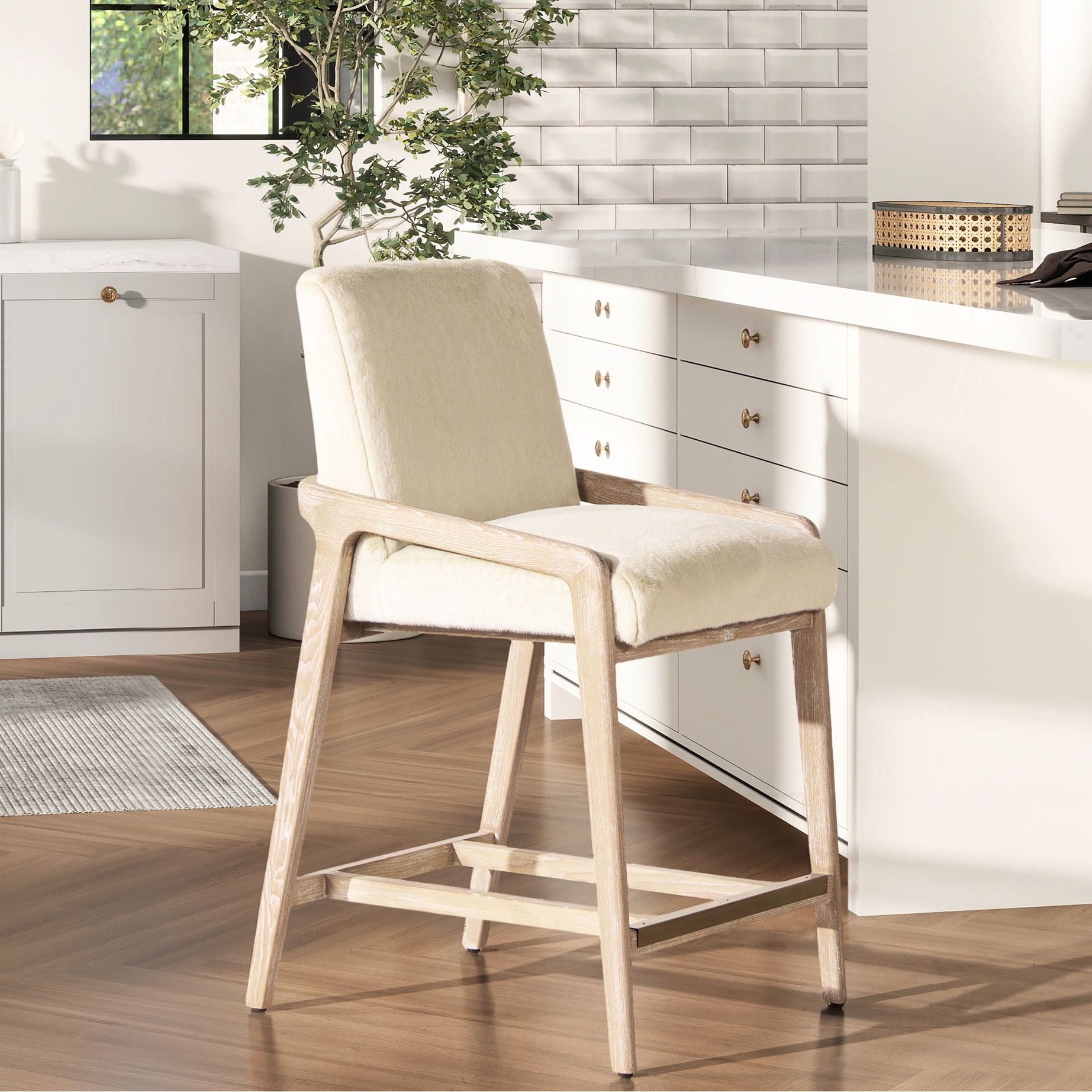 Rustic 25.5" Solid Ash Wood Counter Stool with Rope and White Faux Fur ...