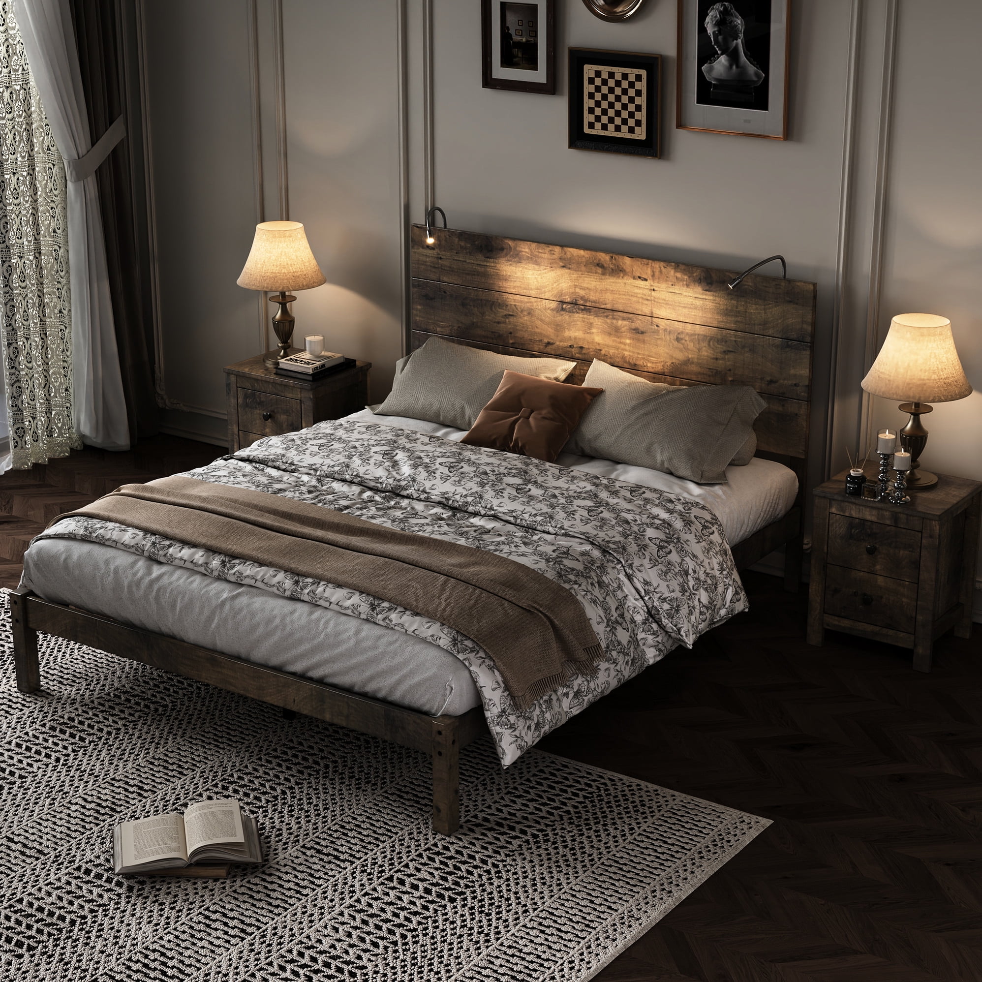 Rustic 3 Bedroom Collections, Queen Platform Bed With Built-in Lights ...