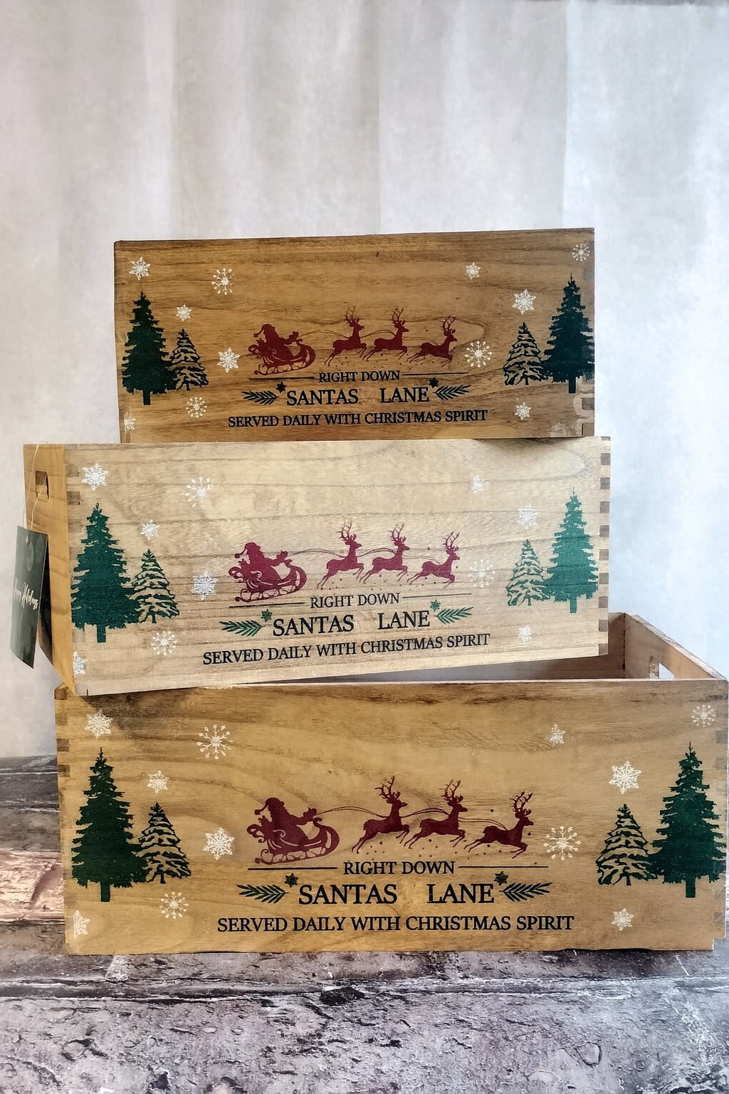 Rustic 3 Piece Christmas-themed Wood Crate Storage Hot Cocoa Bar Boxes ...