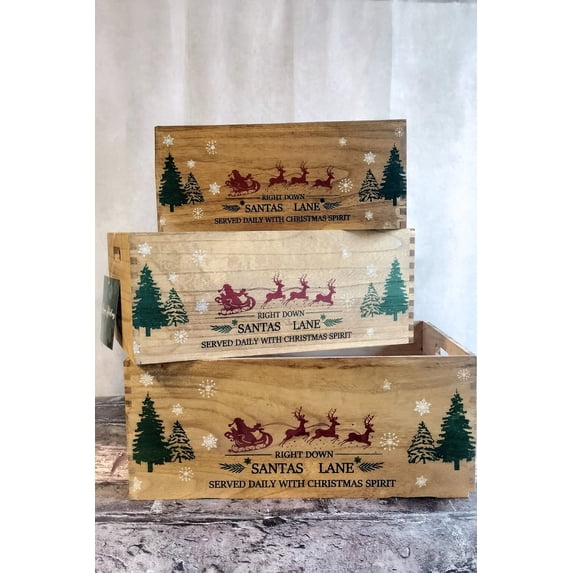 Rustic 3 Piece Christmas-themed Wood Crate Storage Hot Cocoa Bar Boxes ...