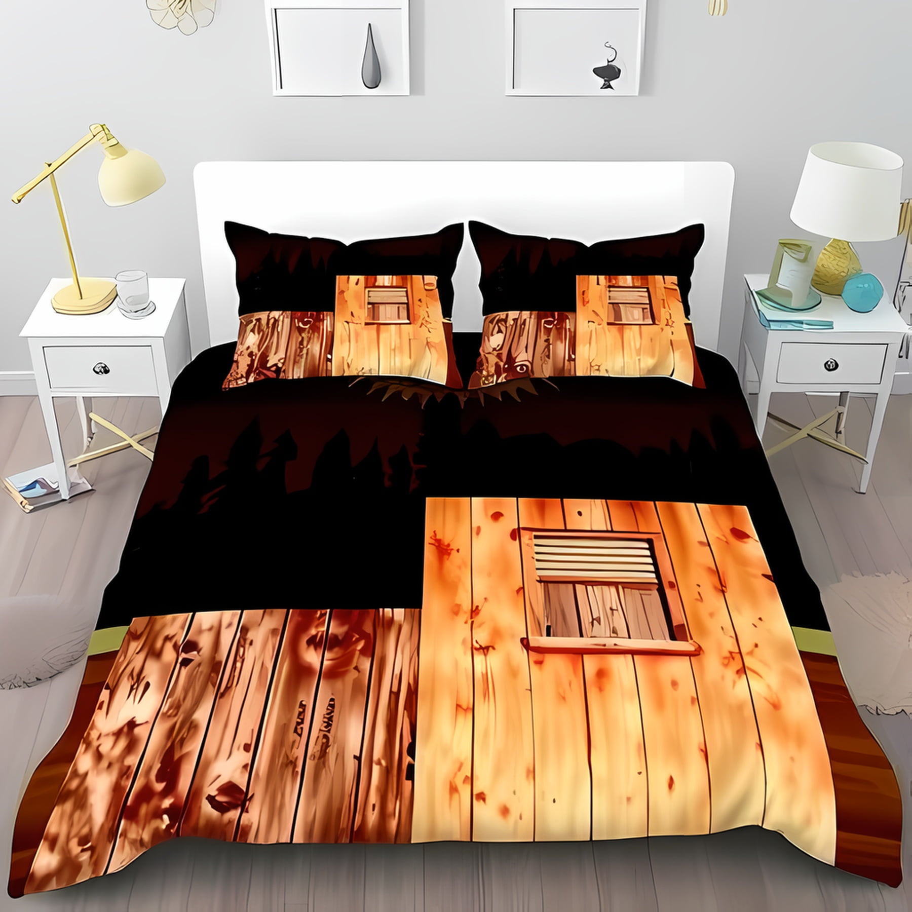 Rustic 3-Piece Duvet Cover Set with Tree Silhouettes & Wooden Plank ...