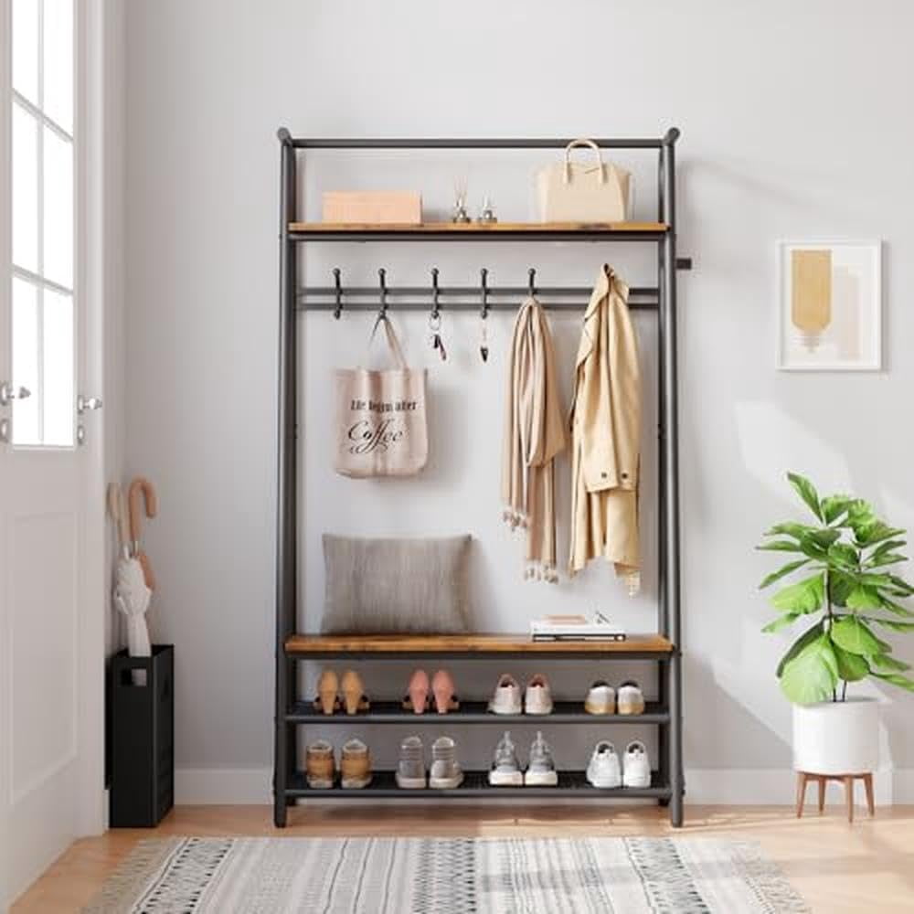 Rustic 4-in-1 Hall Tree with Sturdy Shoe Bench, 6 Rust-Resistant Hooks ...