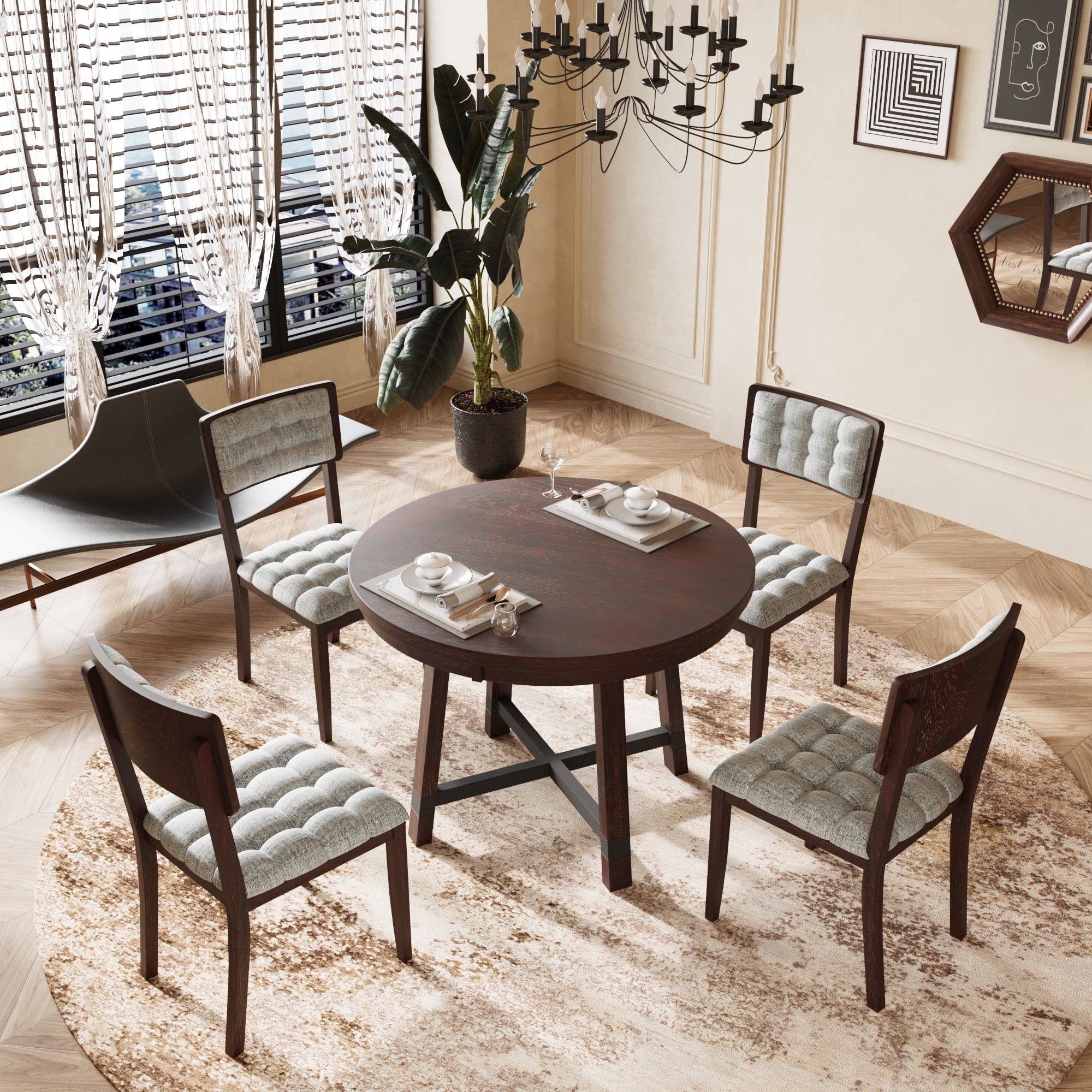 Rustic 42inch Round Dining Table Set with Cross Legs and Upholstered ...