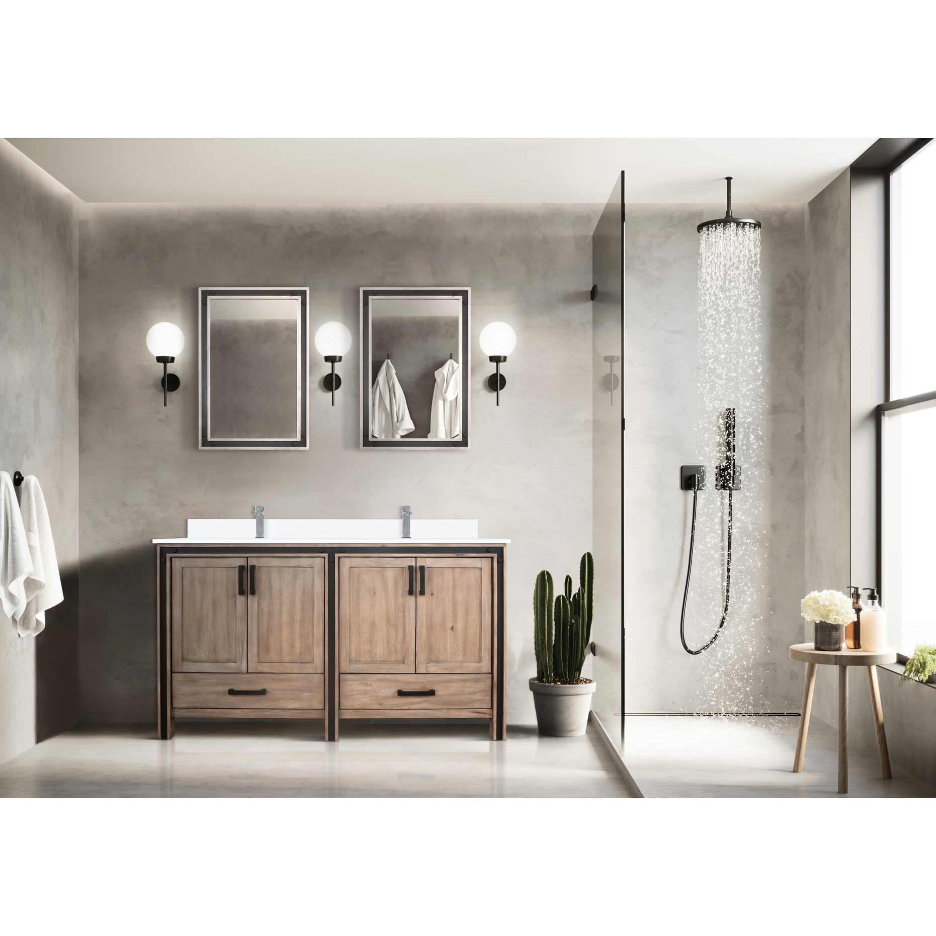 Rustic 60" Double Bath Vanity With White Quartz Top And 22" Mirrors ...