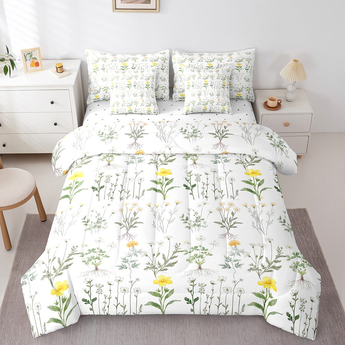 Rustic 7 Pieces Bedding Set King,Garden Yellow White Daisy Flowers Bed ...