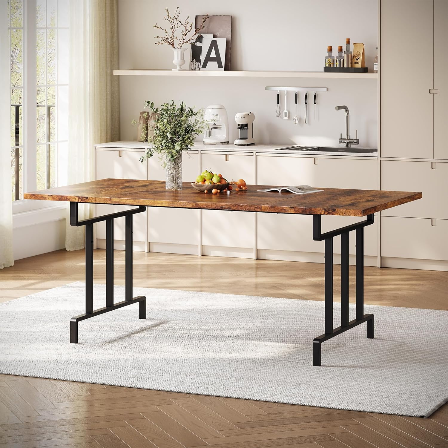 Rustic 70.87-Inch Dining Table for 6-8 People with Heavy Duty Metal ...