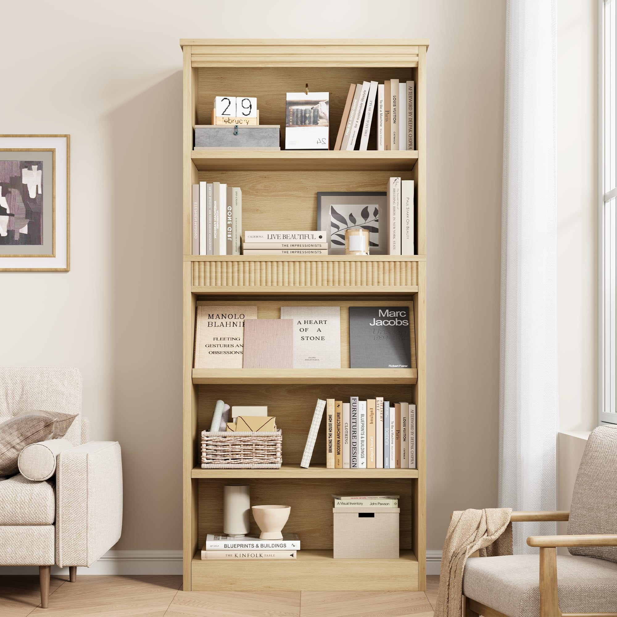 Rustic 71" Tall 5-Tier Bookcase Adjustable Shelves, Sturdy Wooden Base ...