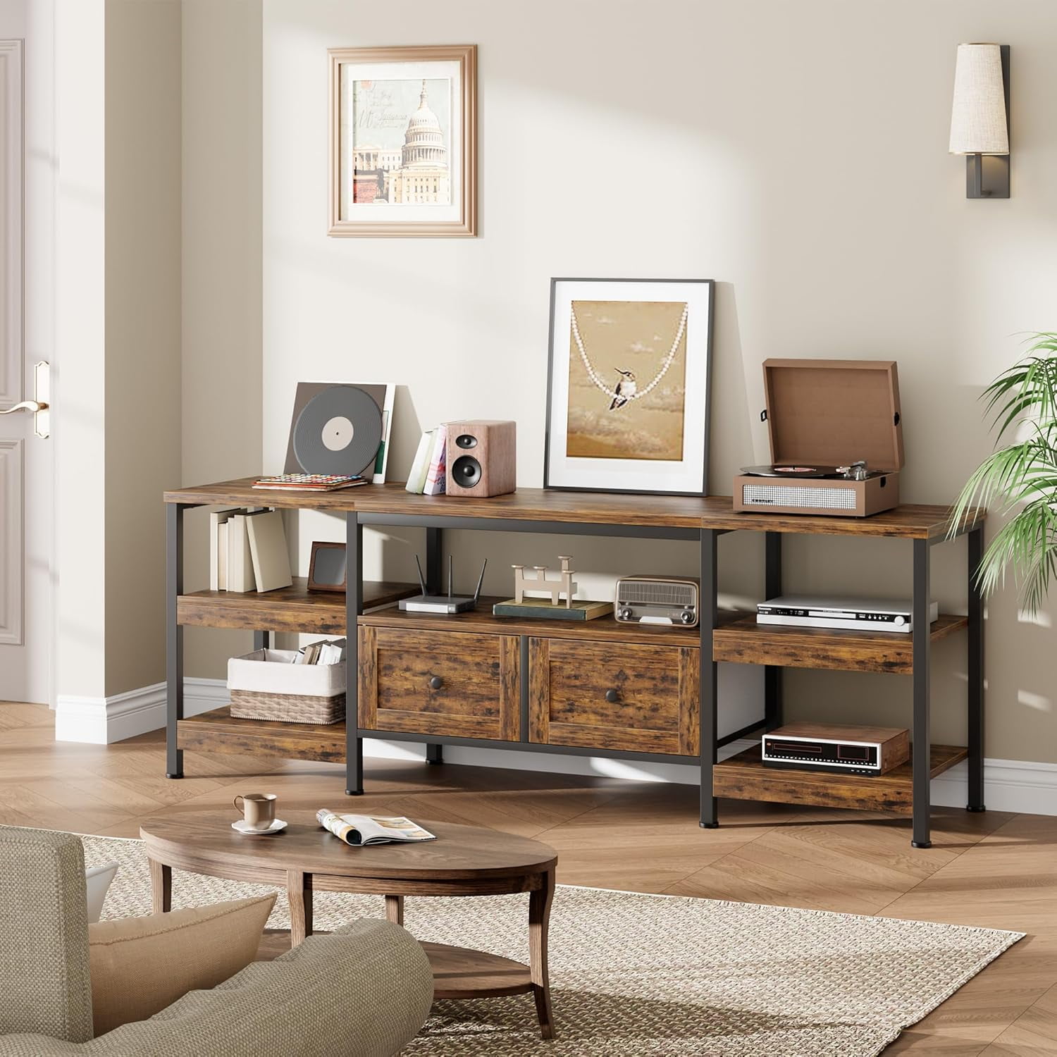 Rustic 79" TV Stand for TVs Up to 85", Industrial Media Console with 2 ...