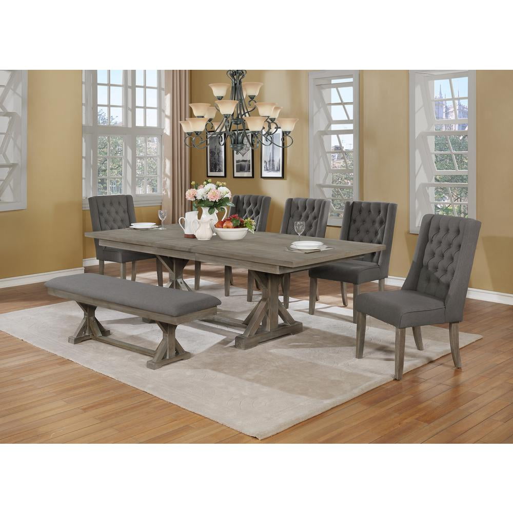 Rustic 7pc Dining Set with Gray Chairs and Bench and Extendable Wood ...
