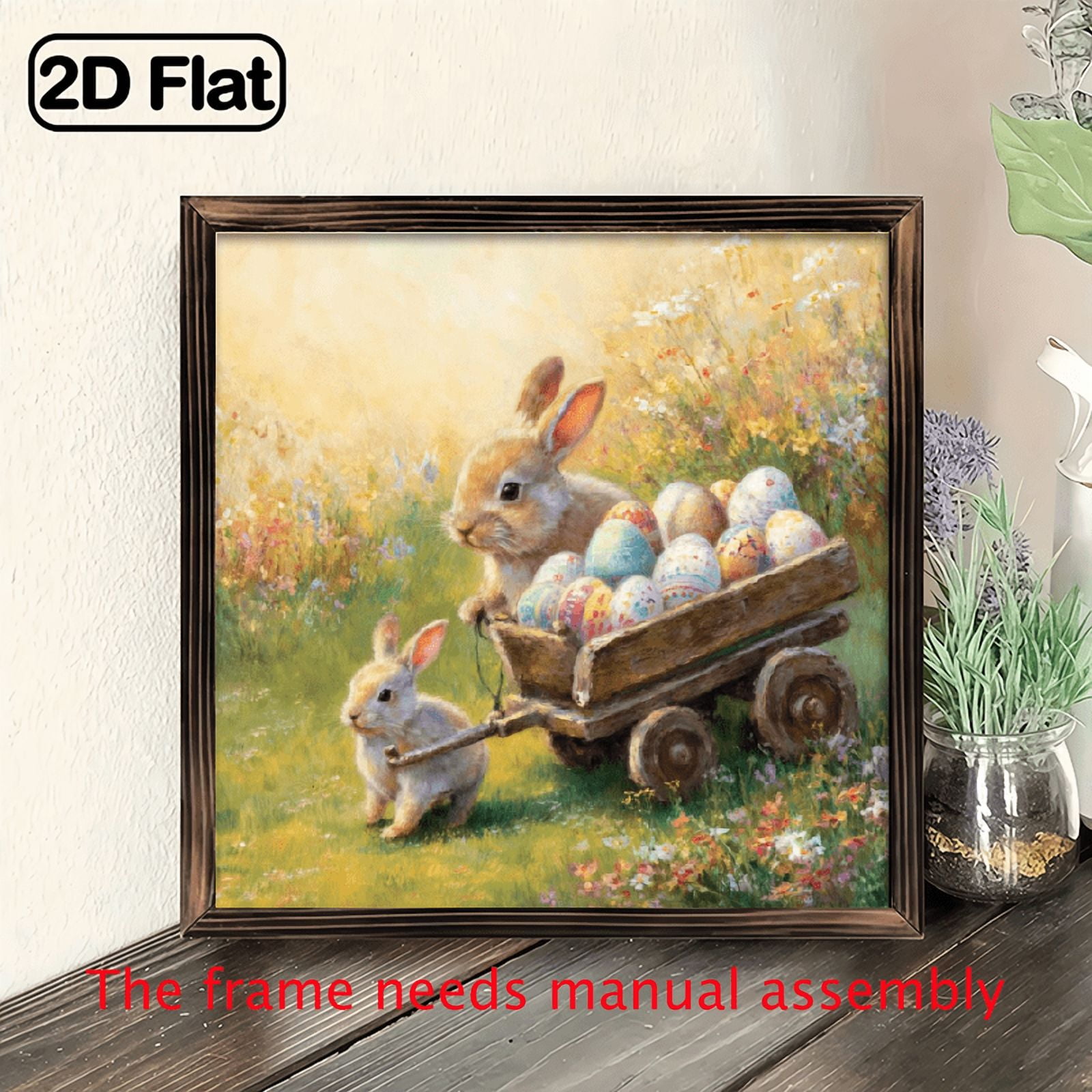 Rustic 8x8 Inch Wooden Wall Art - 1pc Rabbit Eggs Wheelbarrow Farmhouse ...