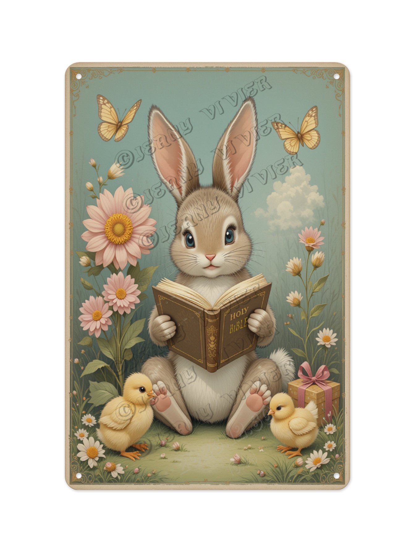 Rustic Aluminum Sign Featuring Bunny Reading the Holy Bible, 12 x 16 ...