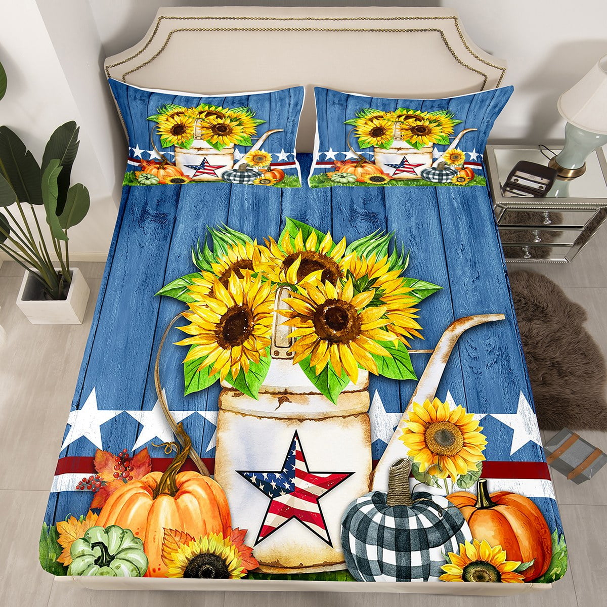 Rustic American Bed Sheets Pumpkin Sunflowers Decor Bedding Set ...