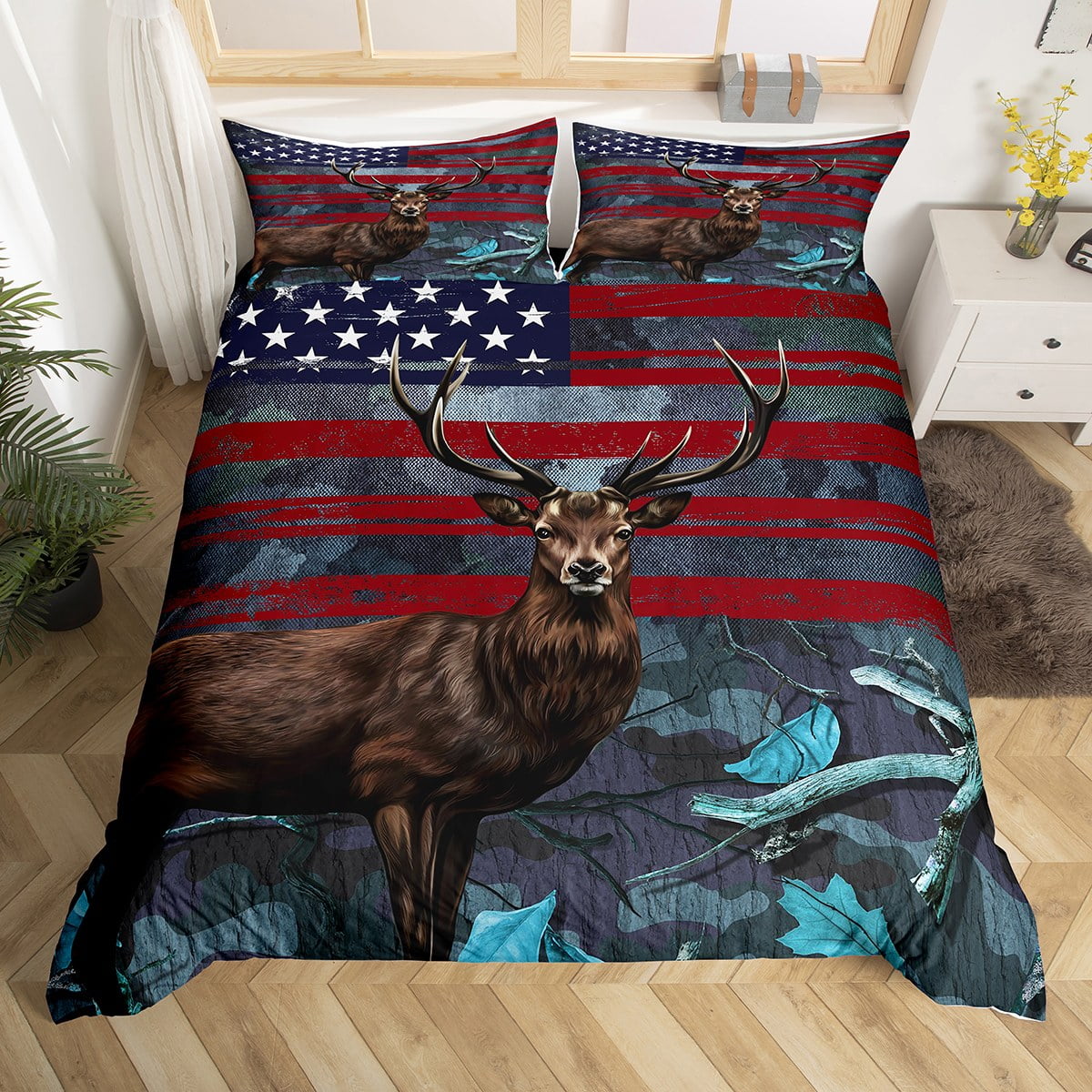 Rustic American Flag Duvet Cover Teens Young Man,Hunting Moose Deer ...
