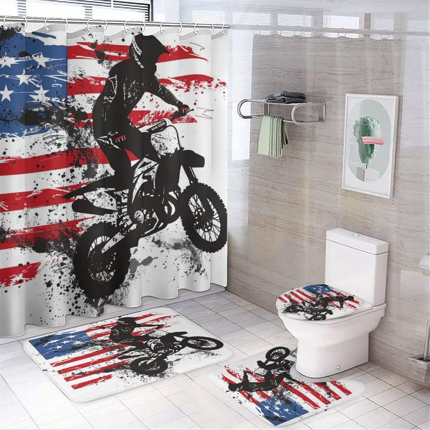 Rustic American Flag Motorcycle Shower Curtain Watercolor Cool Boys ...
