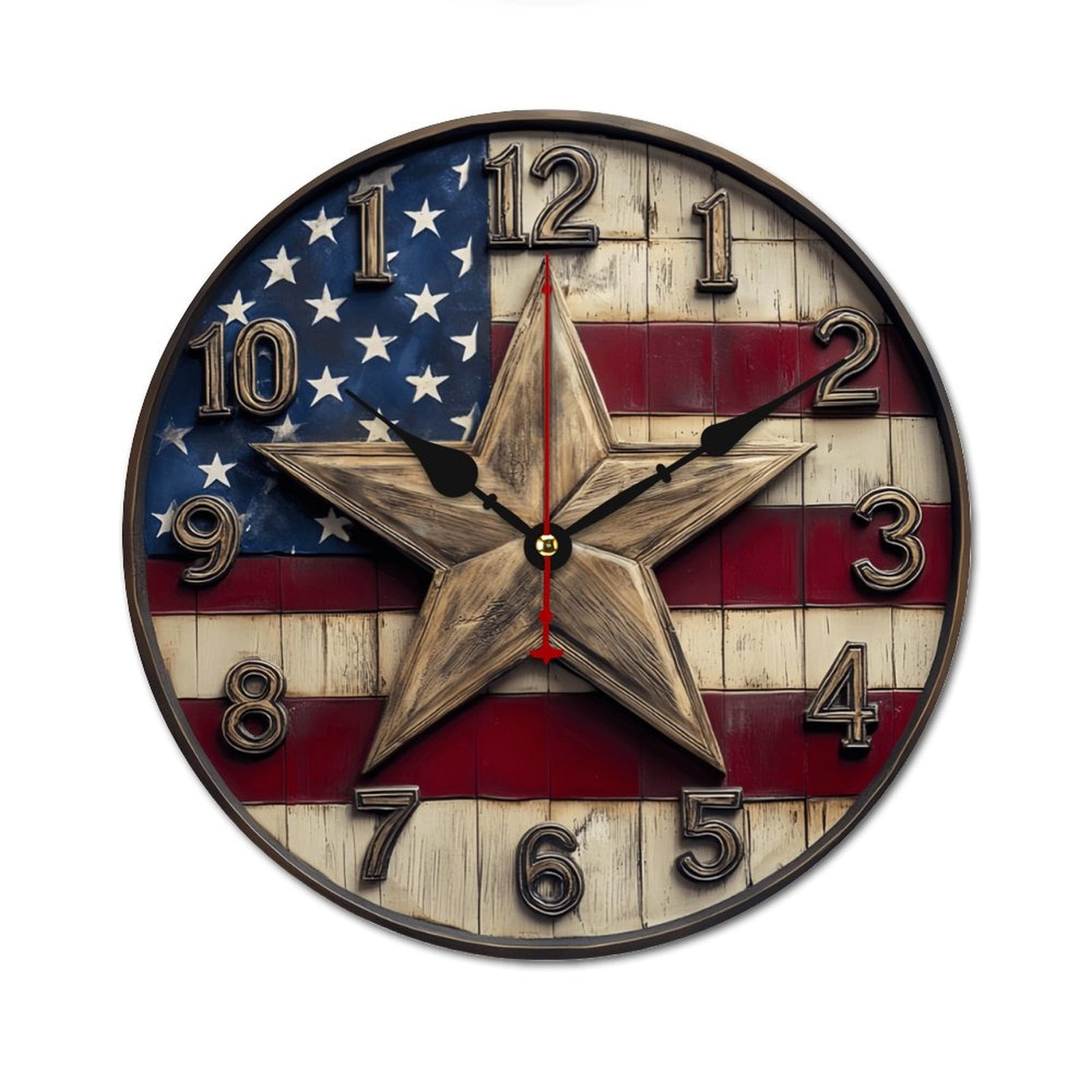 Rustic American Flag Wooden Wall Clock - Farmhouse Style Silent Round ...