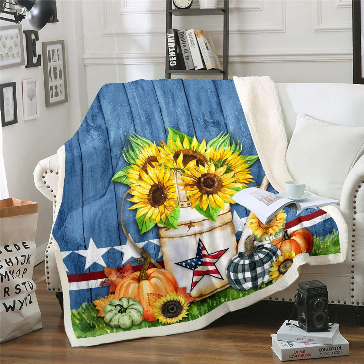 Rustic American Fleece Blanket Pumpkin Sunflowers Decor Blanket ...