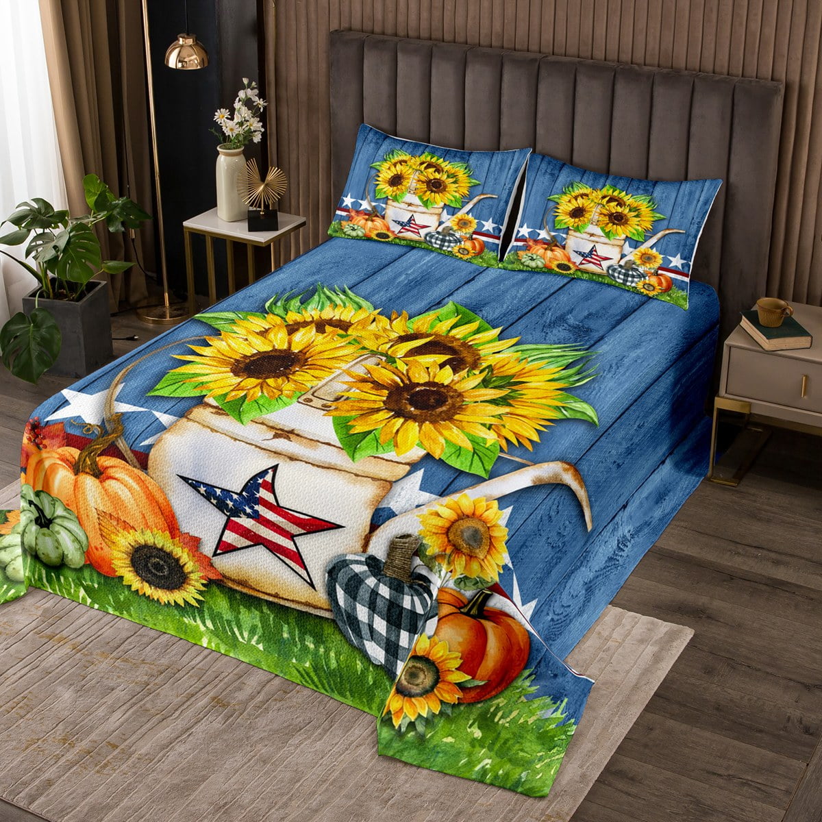 Rustic American Quilt Set Pumpkin Sunflowers Decor Coverlet Set ...