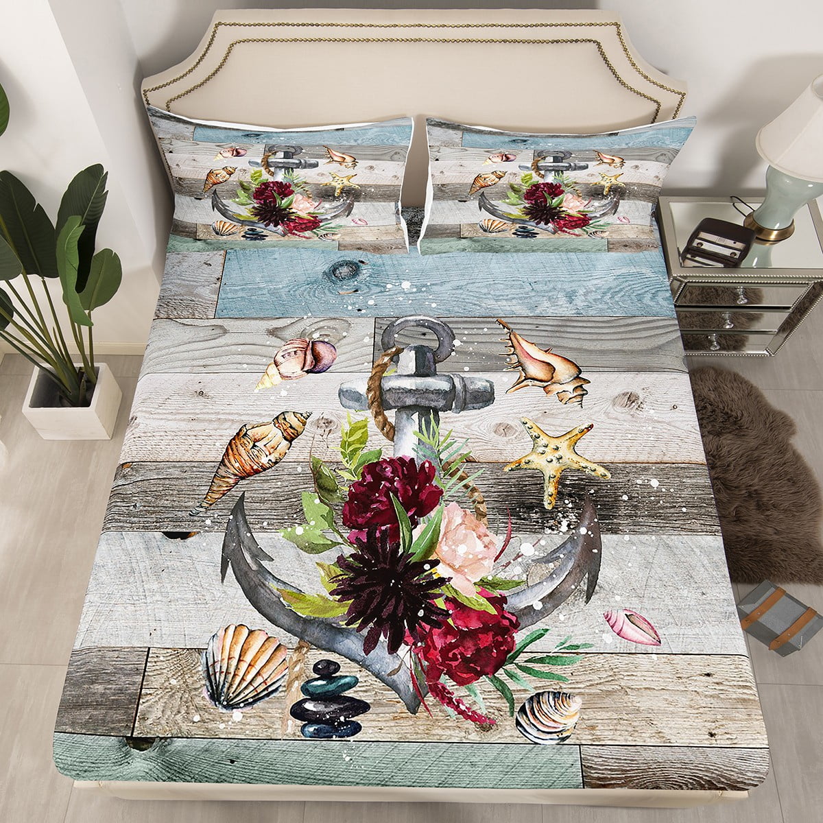 Rustic Anchor Fitted Sheet for Kids Boys Girls,Nautical Anchor Bed Sheets,Hawaii Ocean Sea Shell ...