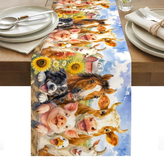 Rustic Animal Cotton Linen Table Runner Cow Pig Horse Lamb Duck ...