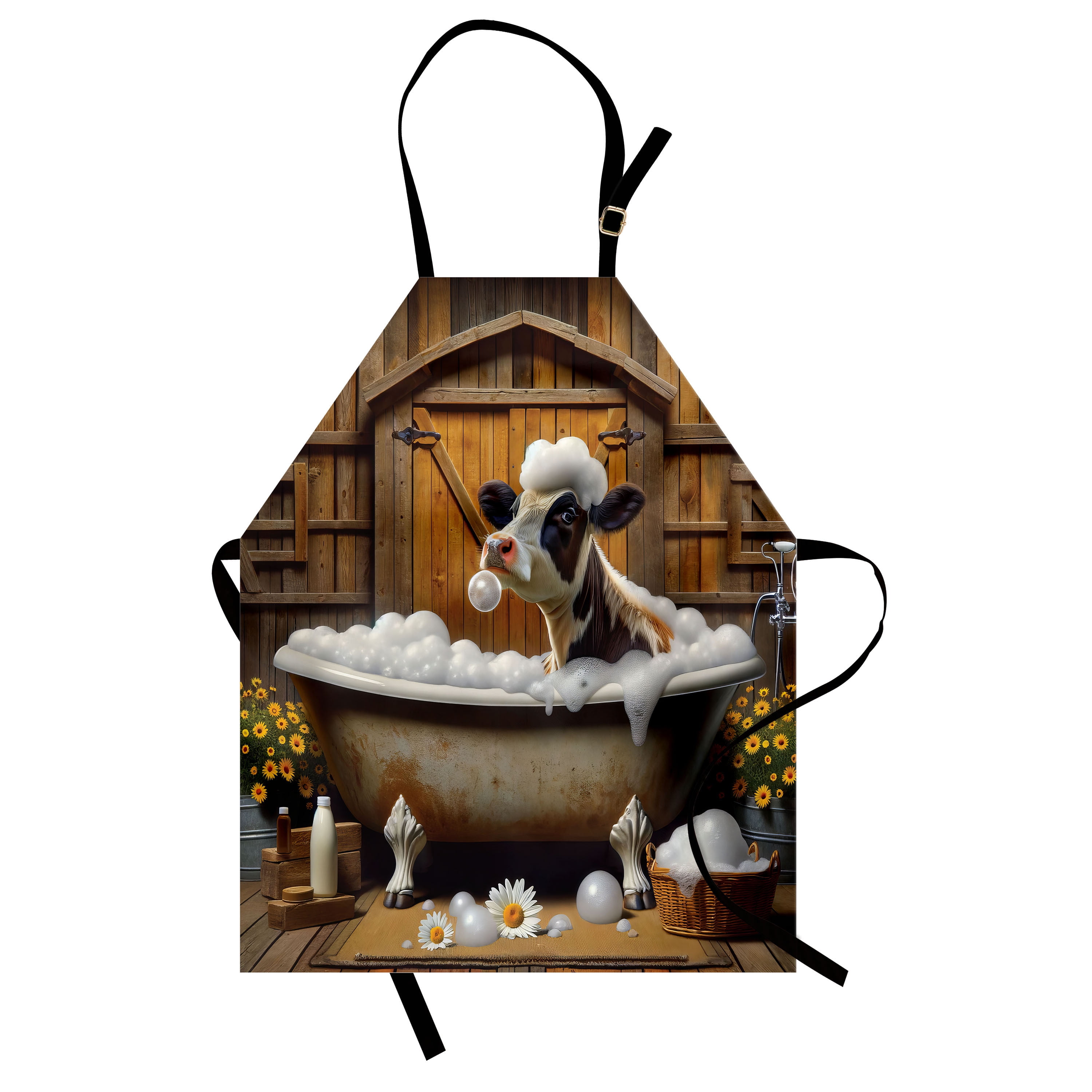 Rustic Apron, Happy and Funny Cow in Bubbly Bathtub in a Barn ...