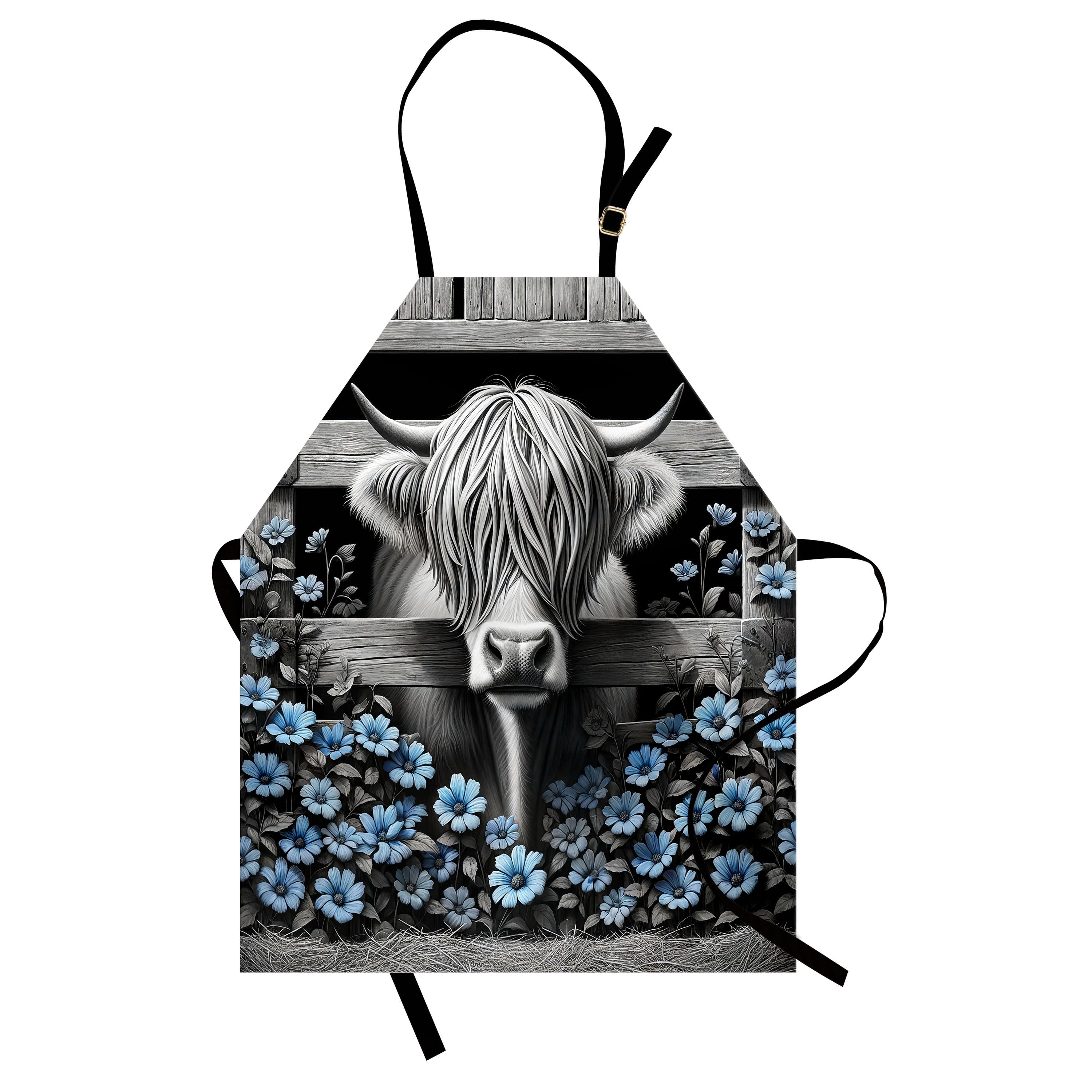 Rustic Apron, Monochrome Farmhouse Design Cow with Funny Hair Barn and ...
