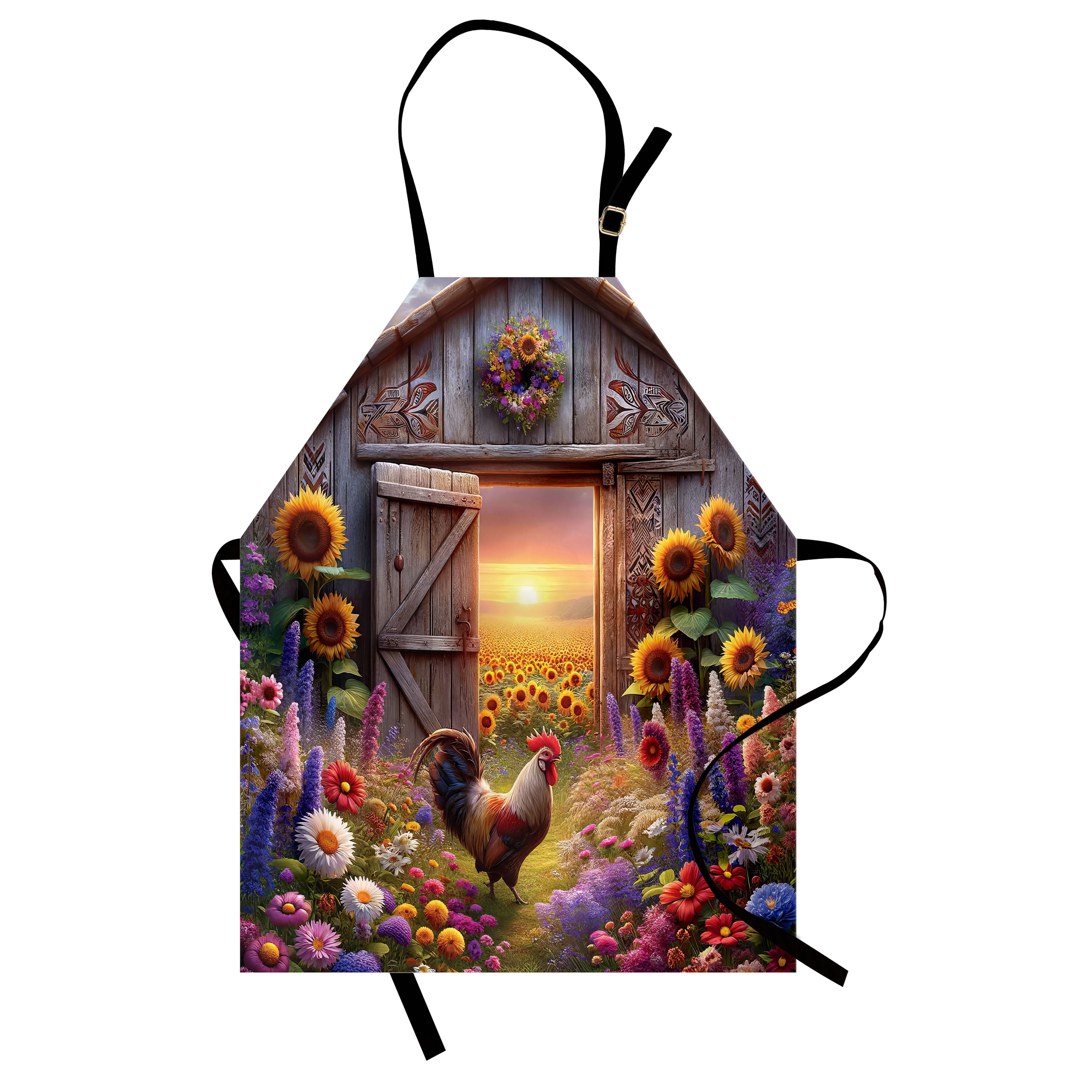 Rustic Apron, Rooster Vintage Barn Colorful Flowers and Sunset ...