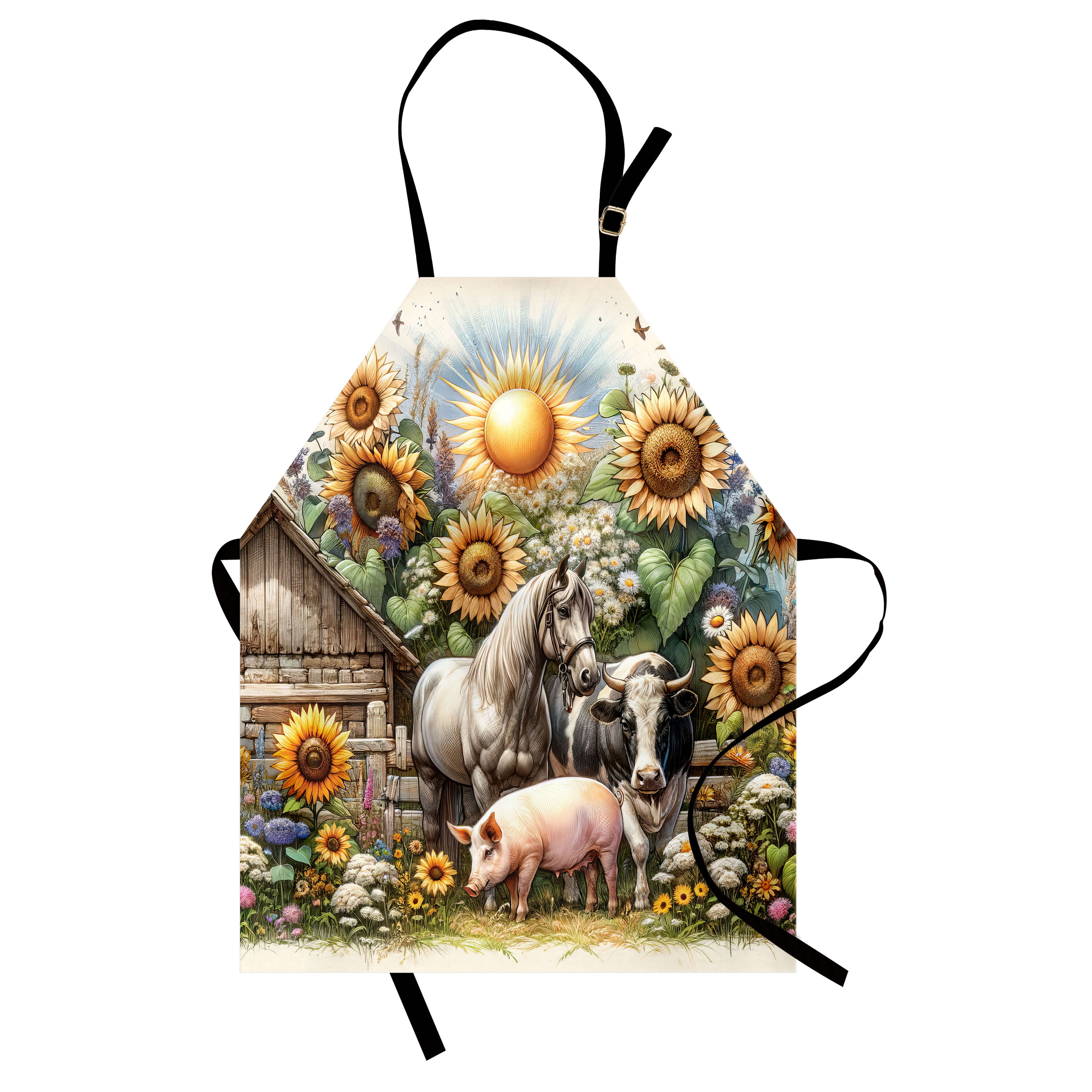 Rustic Apron, Vintage Rural Farmhouse Scene with Flowers Sun Horse Cow ...