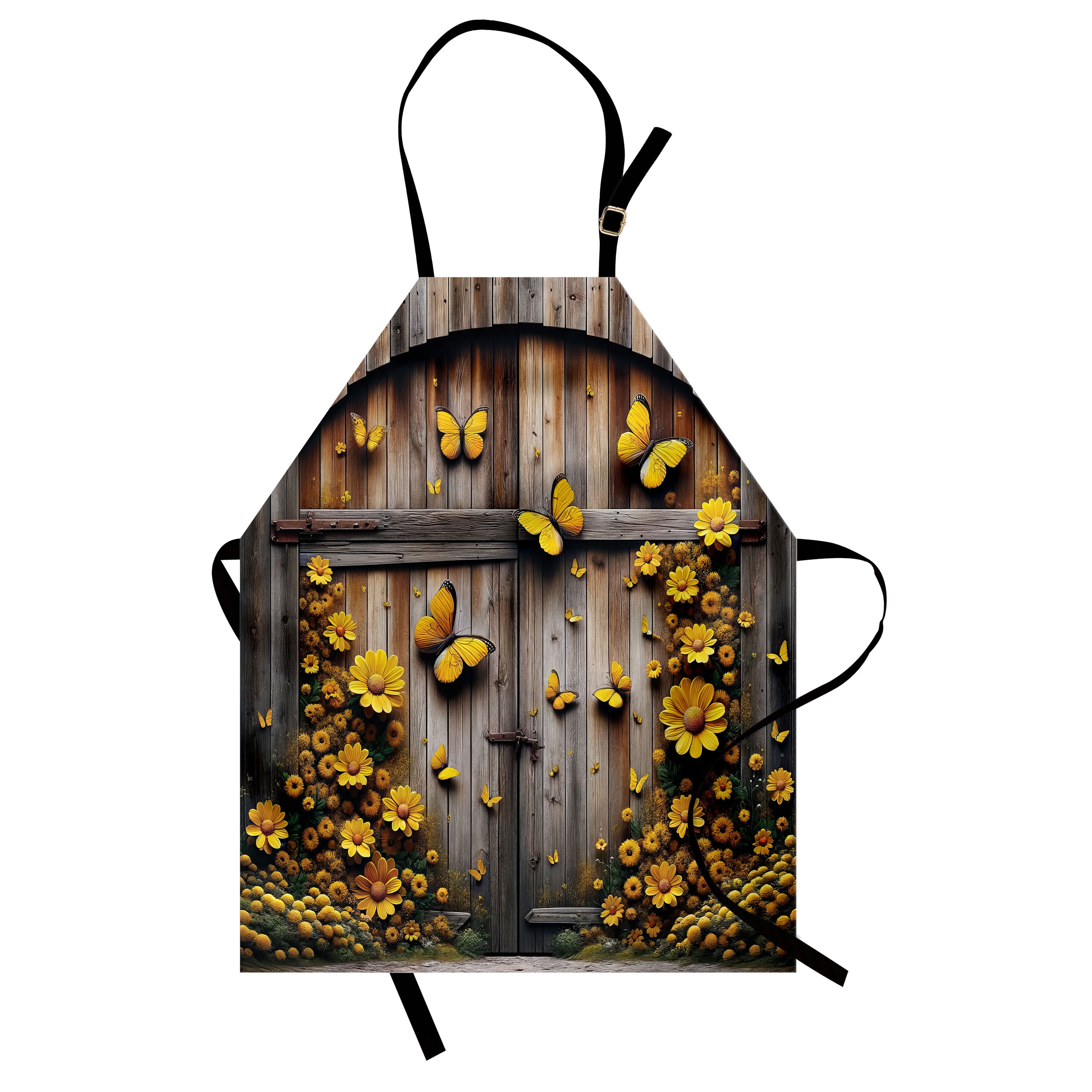 Rustic Apron, Wooden Barn with Yellow Tone Butterflies and Flowers ...