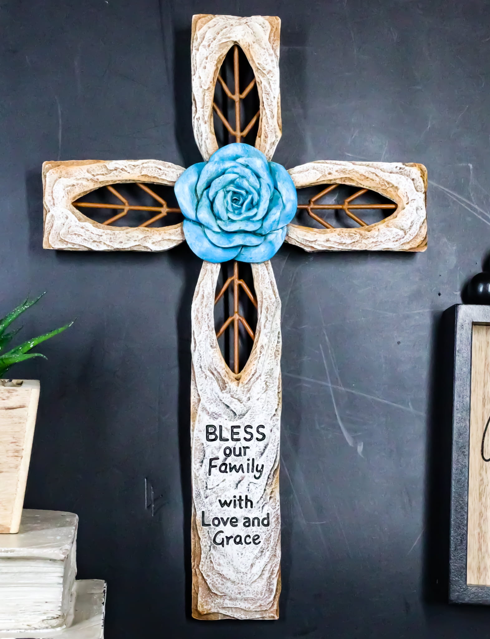 Rustic Aqua Blue Rose Flower Bless Our Family With Love And Grace Wall ...
