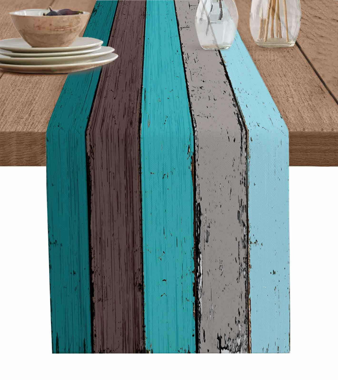 Rustic Aqua Wood Short Table Runners 48 Inches, Cotton Linen Fabric ...