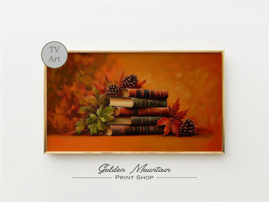 Rustic Autumn Book Stack With Pinecones, Vintage Fall Decor Burnt ...