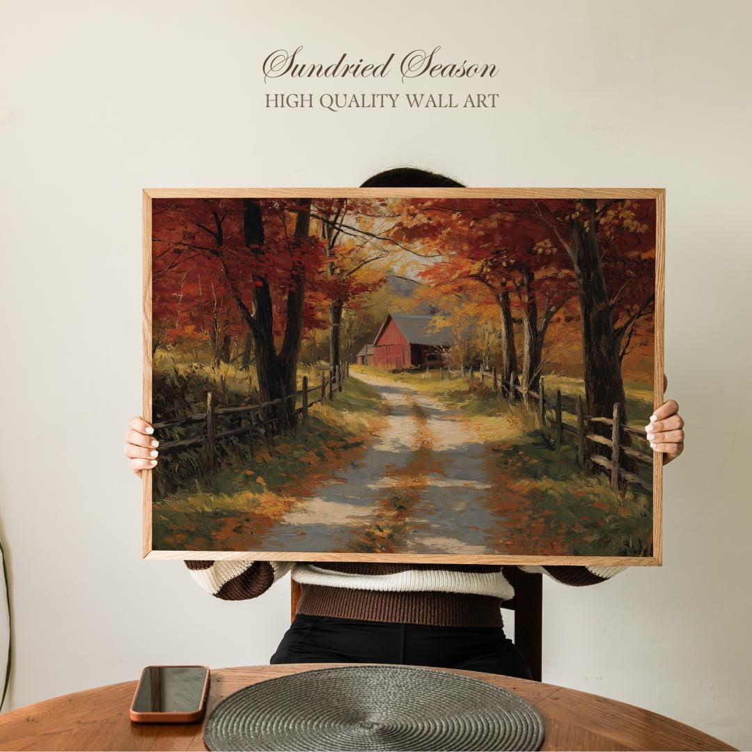 Rustic Autumn Farm Path Art Print, Vintage Red Barn & Fall Foliage ...