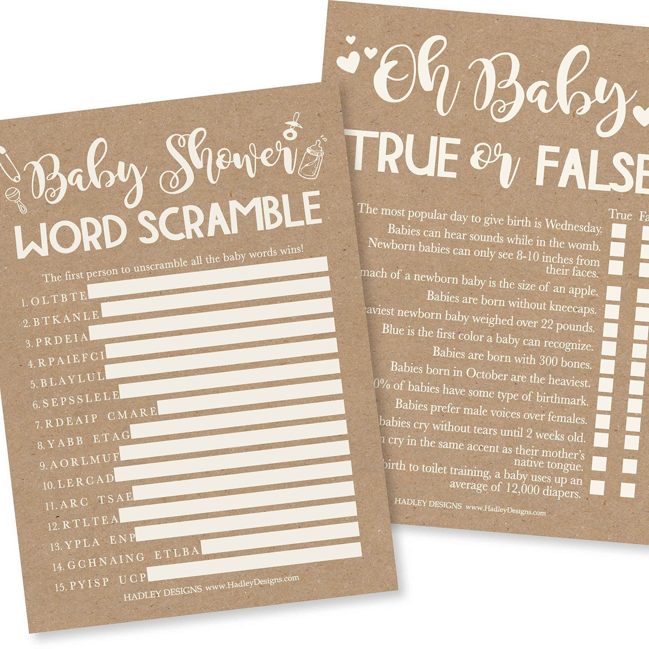Rustic Baby Shower Fun Pack - 25 Word Scramble and True or False Games ...