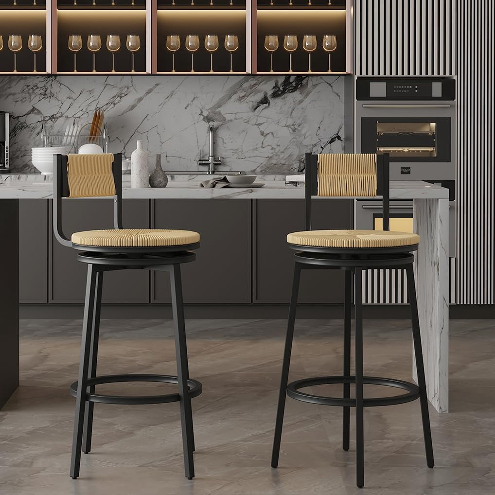 Rustic Bar Stools Set of 2,Swivel Bar Stools with Paper Rope Handwoven ...