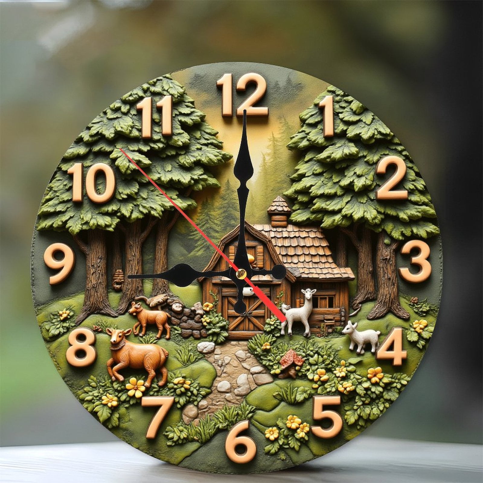 Rustic Barn Animals Forest Wall Clock 2D Resin Art 10-Inch Silent ...