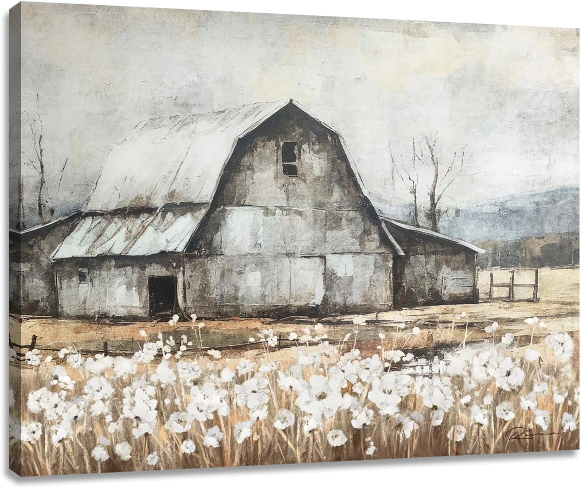 Rustic Barn Canvas Wall Art, Vintage Farm Landscape for Farmhouse ...