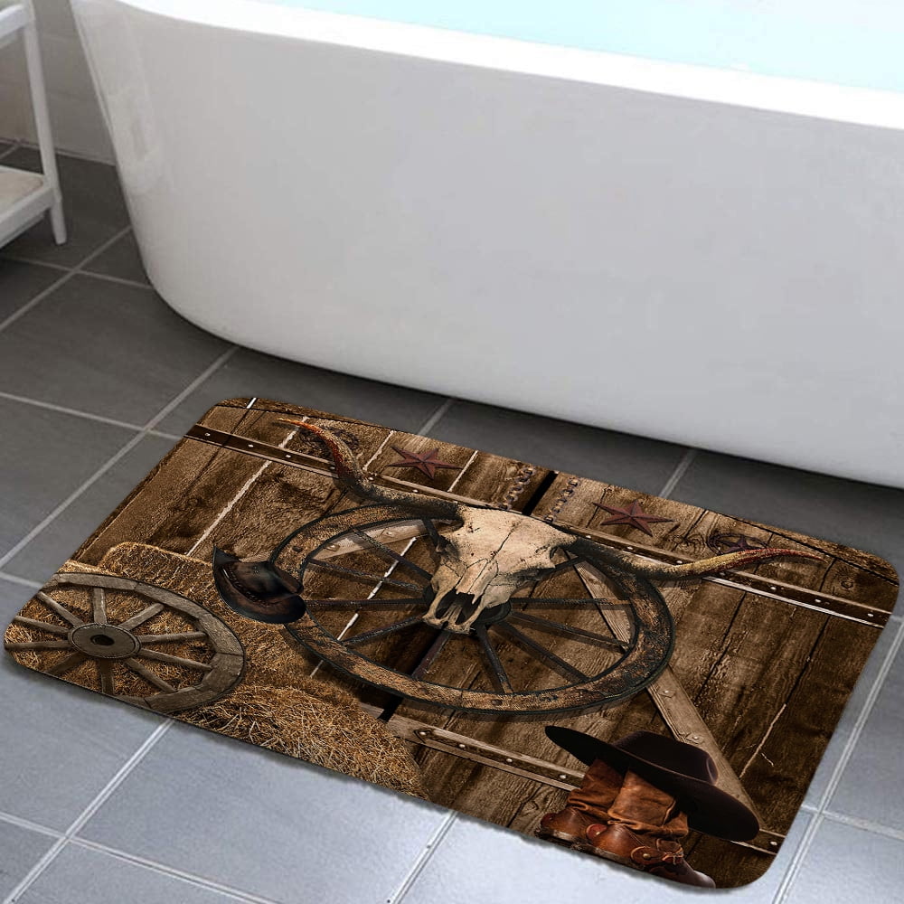 Rustic Barn Door Bath Rugs for Bathroom, Farmhouse Bull Skull Bathroom ...