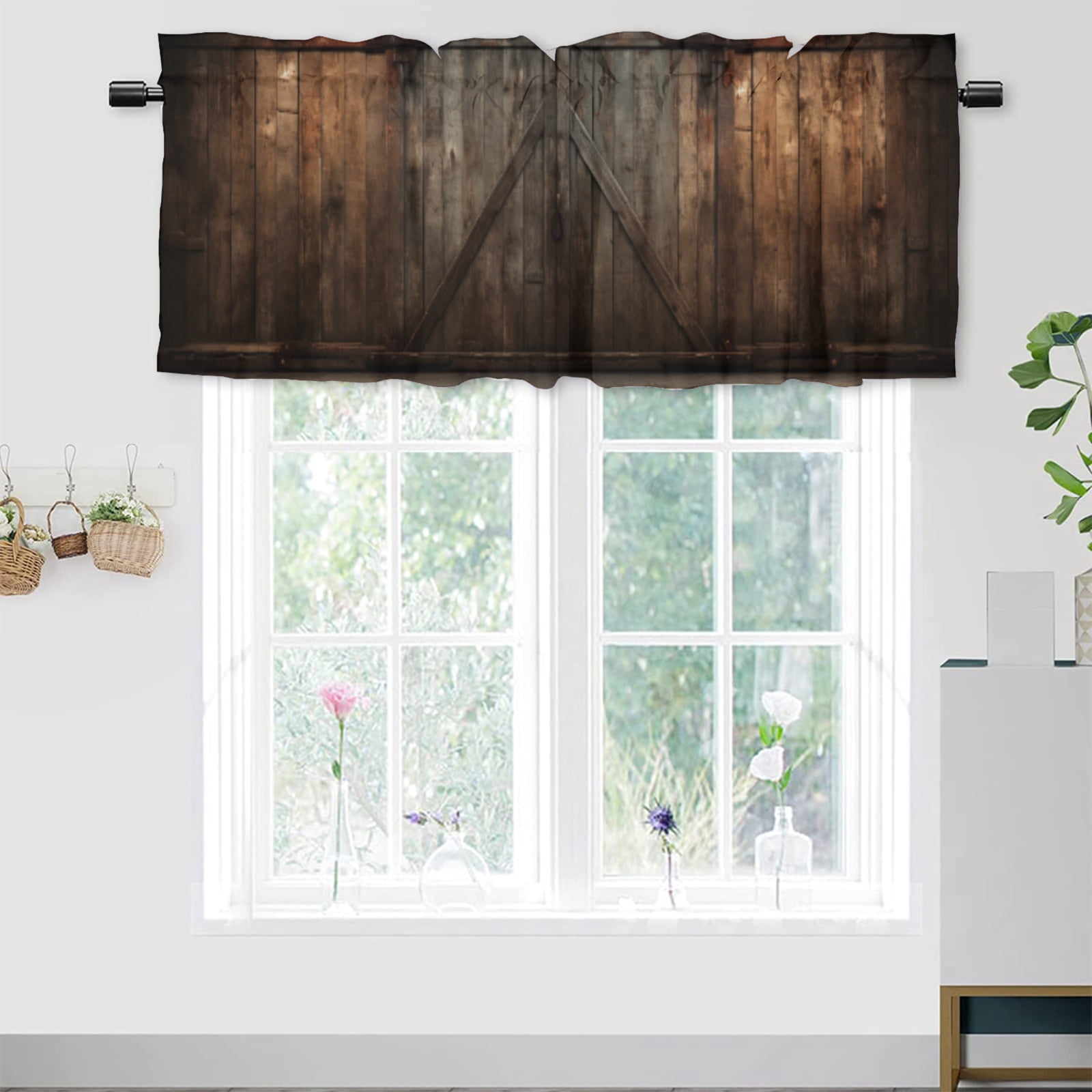 Rustic Barn Door Curtain Valances Brown Wood Grain Wooden Farmhouse ...
