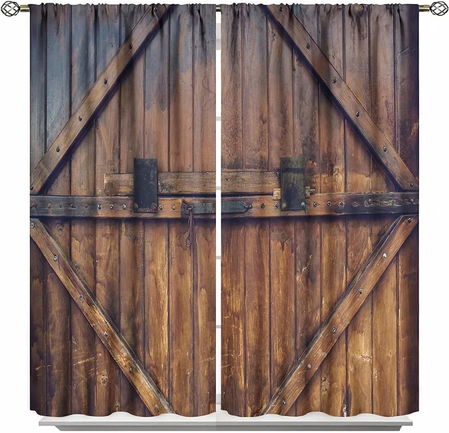 Rustic Barn Door Curtains Brown Wood Rod Pocket Farmhouse Garage Gate ...