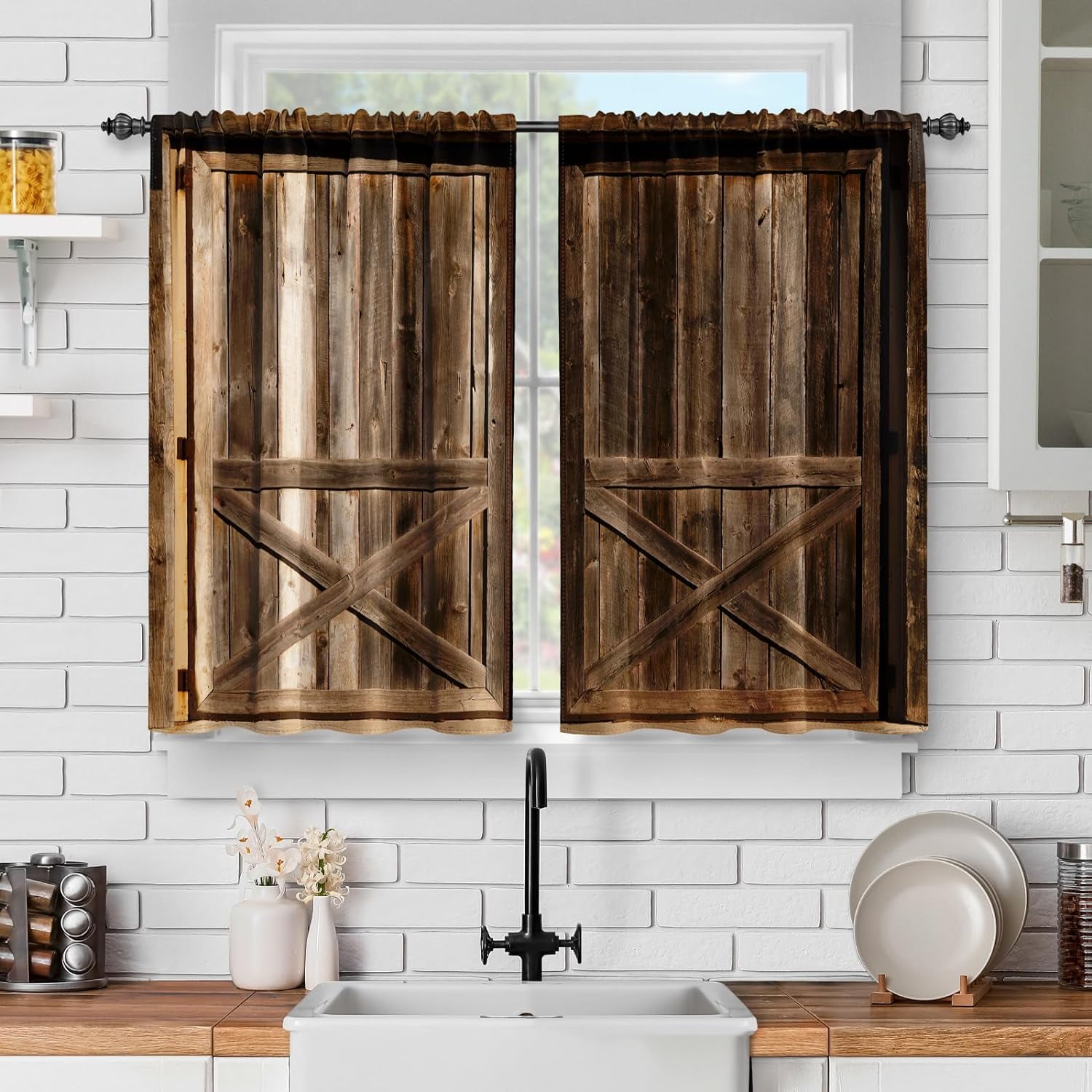 Rustic Barn Door Kitchen Curtains - Farmhouse Country Short Cafe ...
