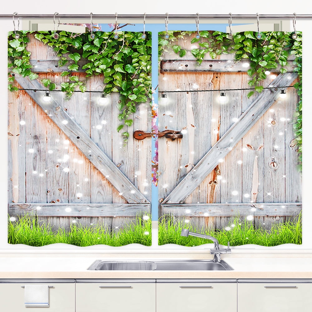 Rustic Barn Door Kitchen Window Curtains, Old Wooden Garage Cabin ...