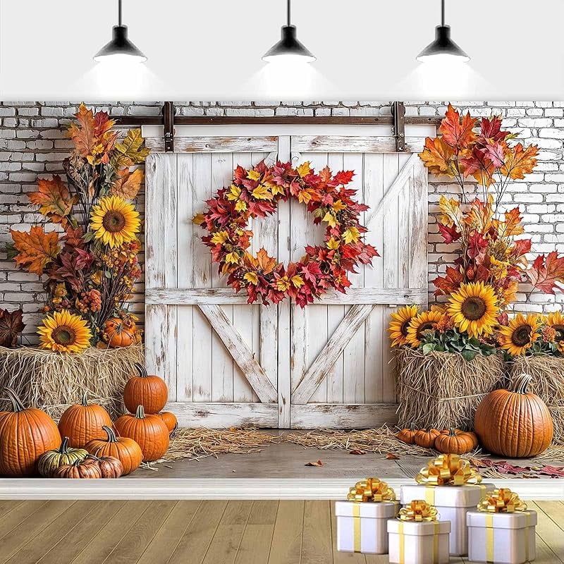 Rustic Barn Door Photography Backdrops White Painted Brick Wall Wood Door Maple Leaf Garden ...