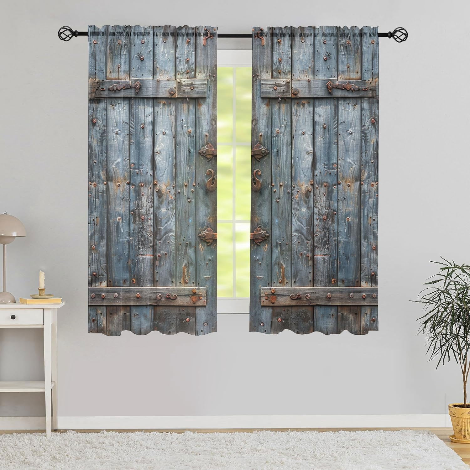 Rustic Barn Door Printed Window Treatment Curtains Vintage Farmhouse ...