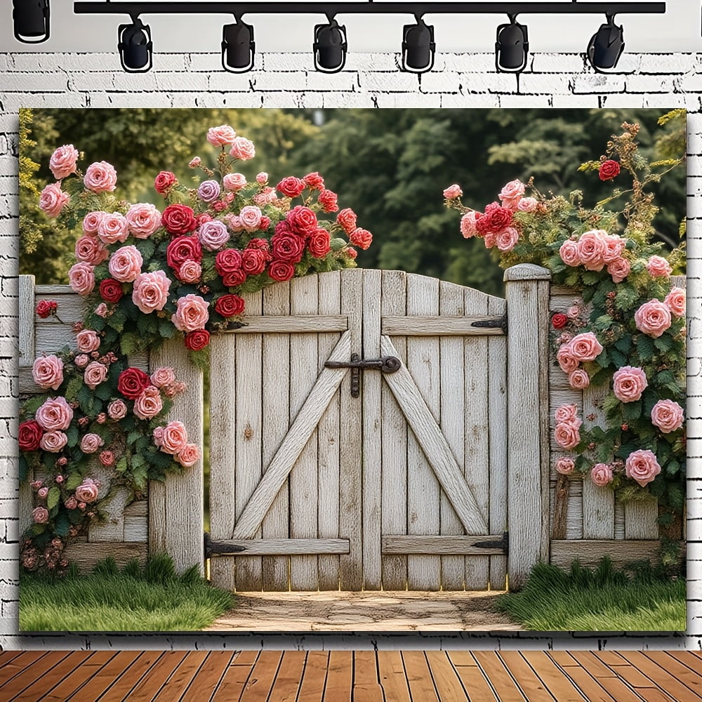 Rustic Barn Door Rose Backdrop with Vibrant Red, Pink & Beige Flowers ...